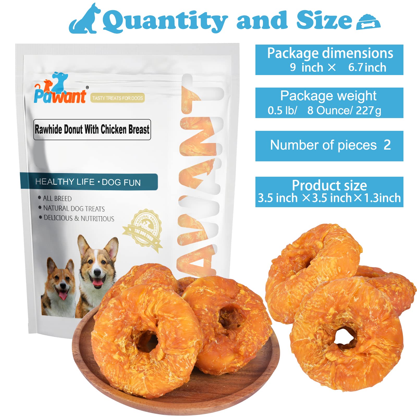 Pawant Dog Treats Long Lasting for Large Dog Clean Teeth Chicken Wrapped Rawhide Donuts 0.5lb/227g