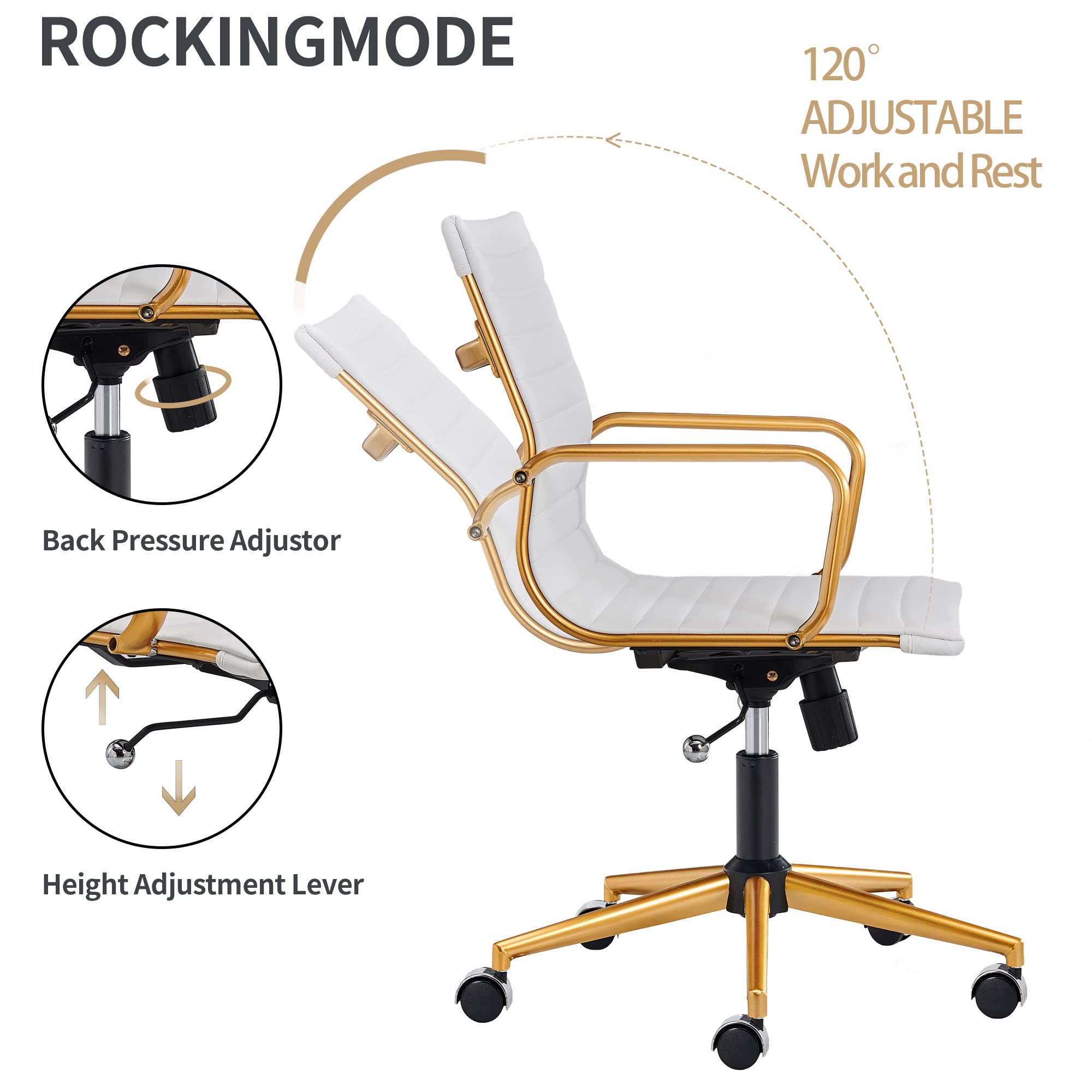 COROCC Office Desk Chair Modern Conference Room Task Chairs Leather Computer Swivel Excutive Ribbed Ergonomic Rolling Chair for Bed Room White and Gold Chair