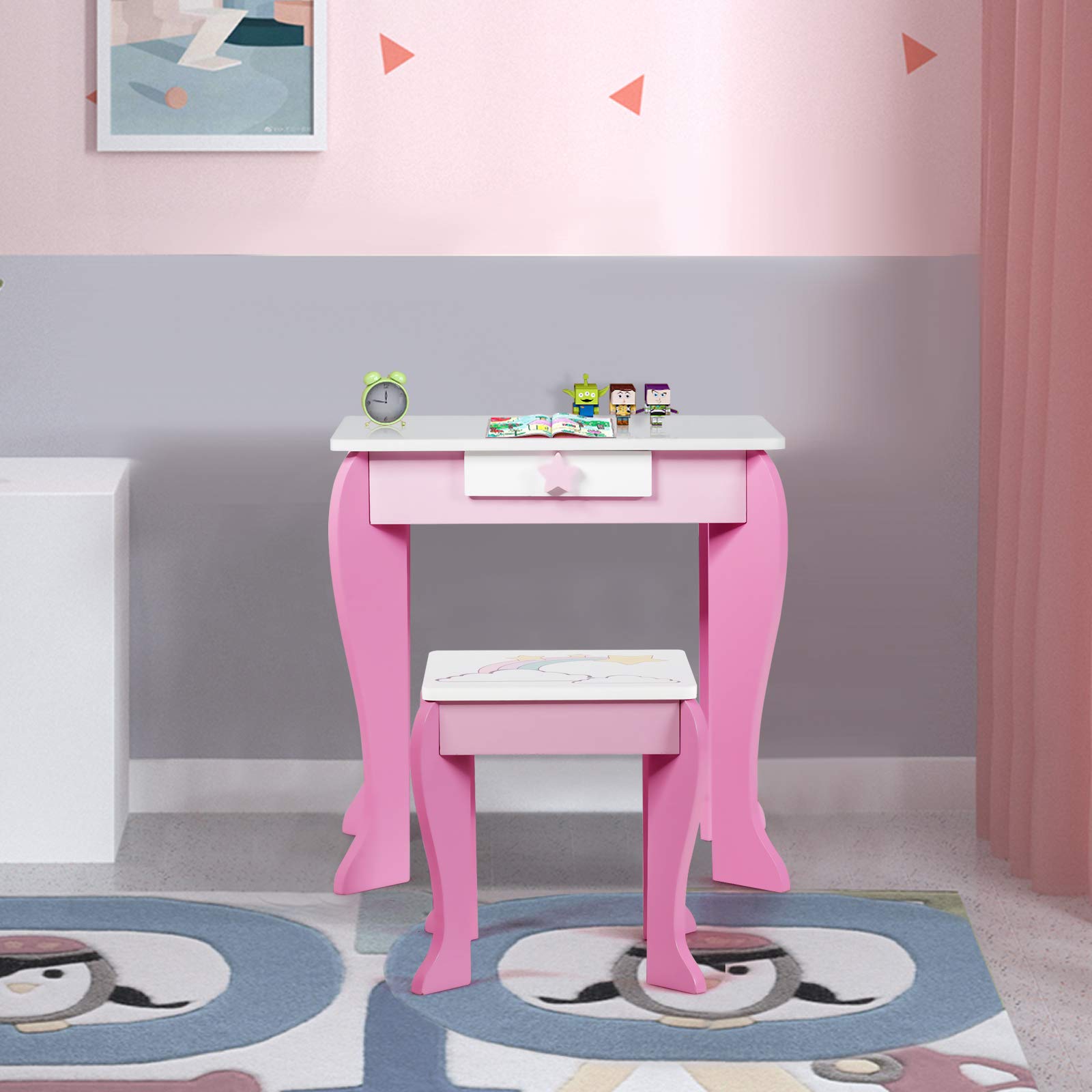 KOTEK Kids Vanity with Mirror and Stool, 2 in 1 Wooden Princess Makeup Dressing Table Set w/Detachable Top & Storage Drawer, Pretend Play Vanity Table Set for Girls (Pink Star)