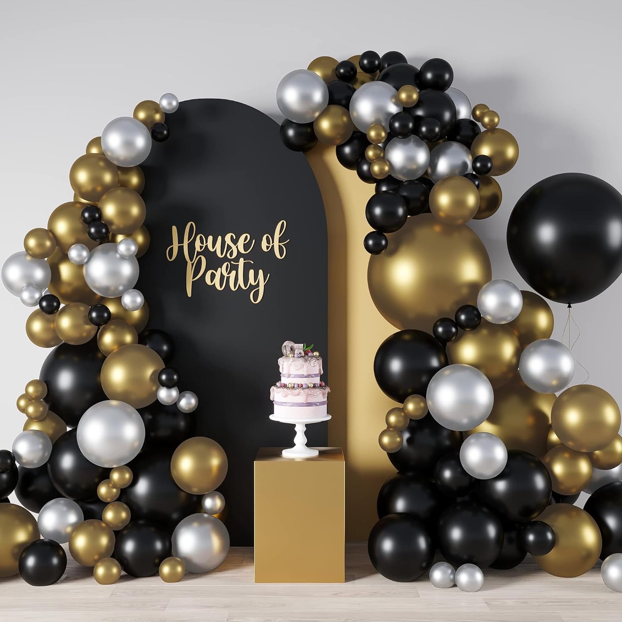 HOUSE OF PARTY Black and Gold Balloon Arch | Black and Gold Party Decorations-158 pcs for Grad Party Decorations 2024 | Silver 5/10/12/18 Inch Balloons for Party, Anniversary & Halloween Decor