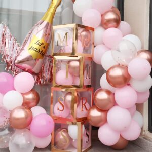 Fonder Mols 4pcs Rose Gold Transparent Balloon Boxes with MISS TO MRS Letters for Wedding Bridal Shower Engagement Cake Smash Backdrop(No Balloons)