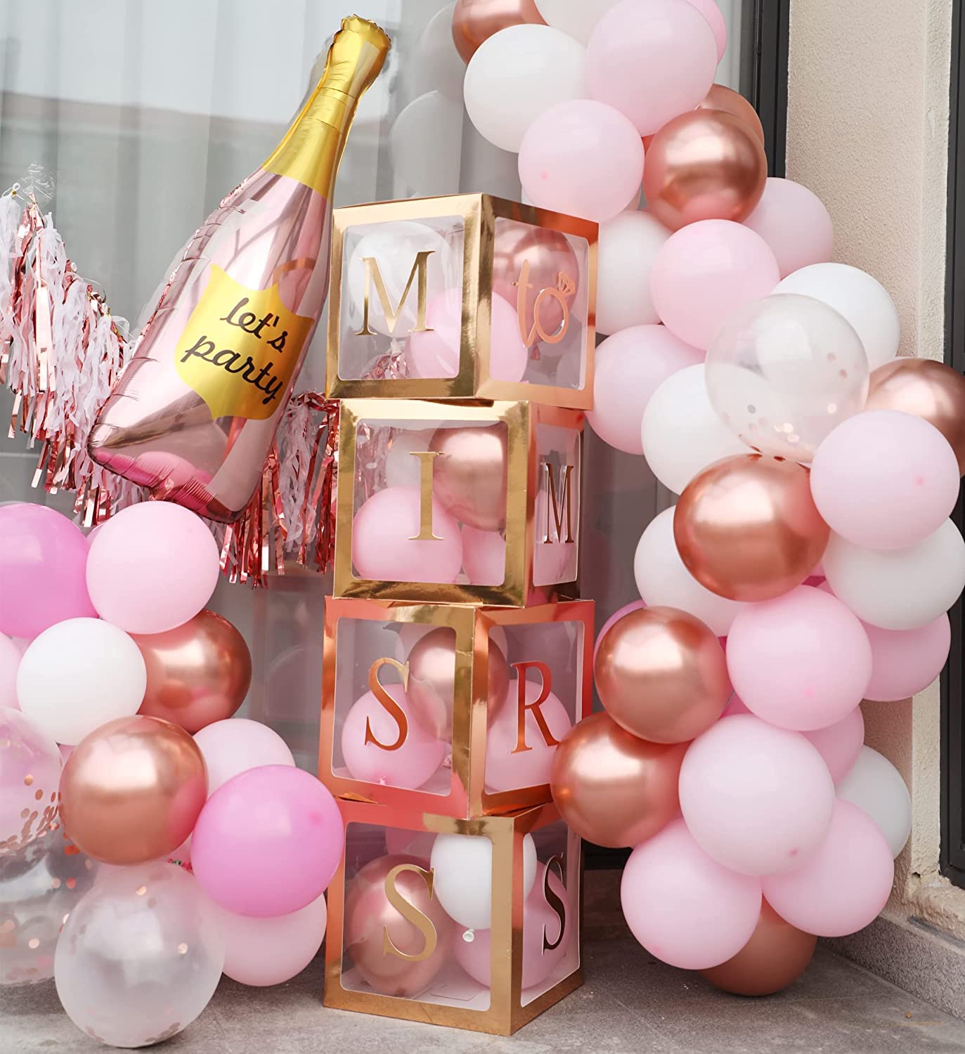 Fonder Mols 4pcs Rose Gold Transparent Balloon Boxes with MISS TO MRS Letters for Wedding Bridal Shower Engagement Cake Smash Backdrop(No Balloons)