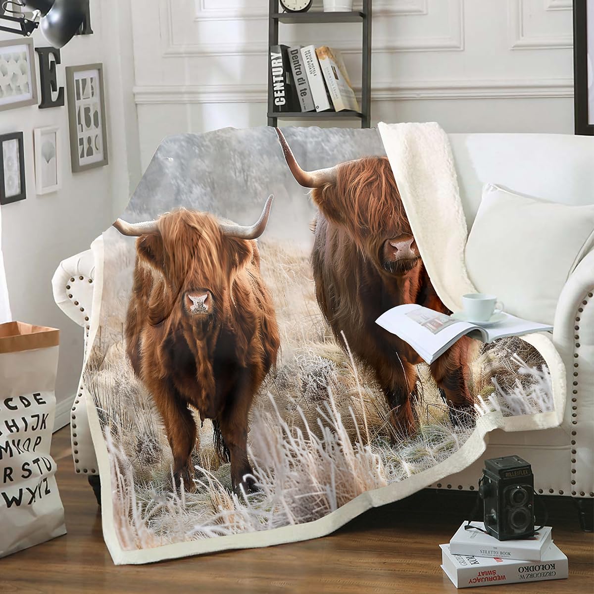 Highland Cattle Pattern Throw Blanket Highland Cow Blanket for Kids Boys Girls Farmhouse Cow Landscape Blanket for Chair Office Room,Throw (50 x 60 Inches)