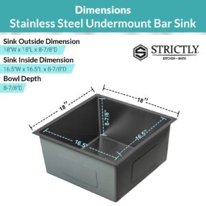 Strictly Sinks Undermount Gunmetal Black Bar Prep Sink – 18 Inch Single Bowl 16 Gauge Stainless Steel Designer Shelf Accessory – Tight Radius Corners Kitchen/Bar Basin With Drain Kit