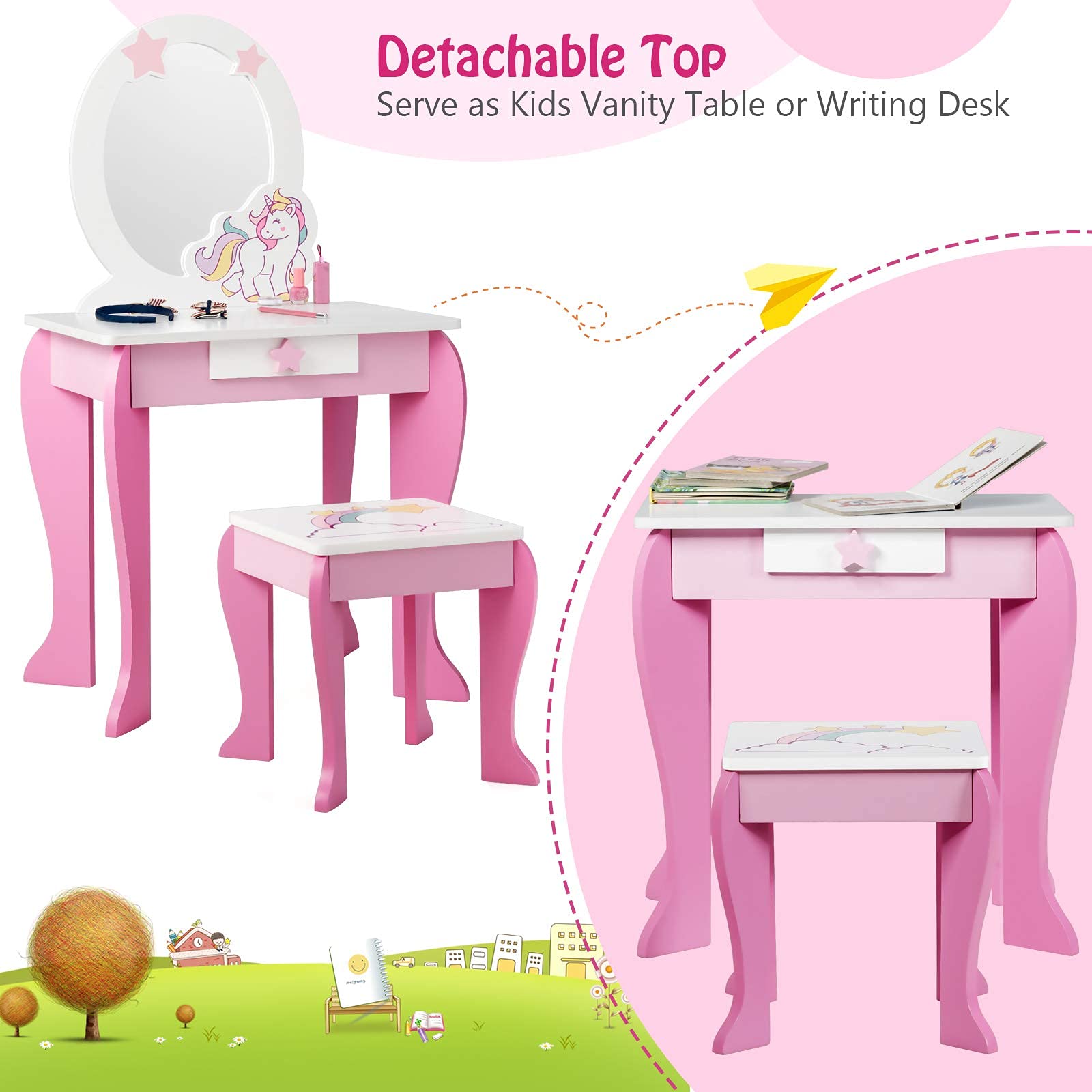 KOTEK Kids Vanity with Mirror and Stool, 2 in 1 Wooden Princess Makeup Dressing Table Set w/Detachable Top & Storage Drawer, Pretend Play Vanity Table Set for Girls (Pink Star)