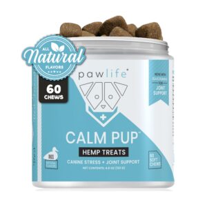 pawlife hemp dog calming chews - anxiety relief treats, 60 calming treats for dogs, organic calm pup dog anxiety relief, calming care for dogs (duck flavor)