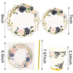 Bridal Shower Paper Plates Navy Blush Floral, 24 Guests, Gender Reveal, Gold Foil Dinner, Dessert, Cups, Gold Straws, Napkins, Baby Shower Decorations Birthday Wedding Anniversary Twins Party Supplies