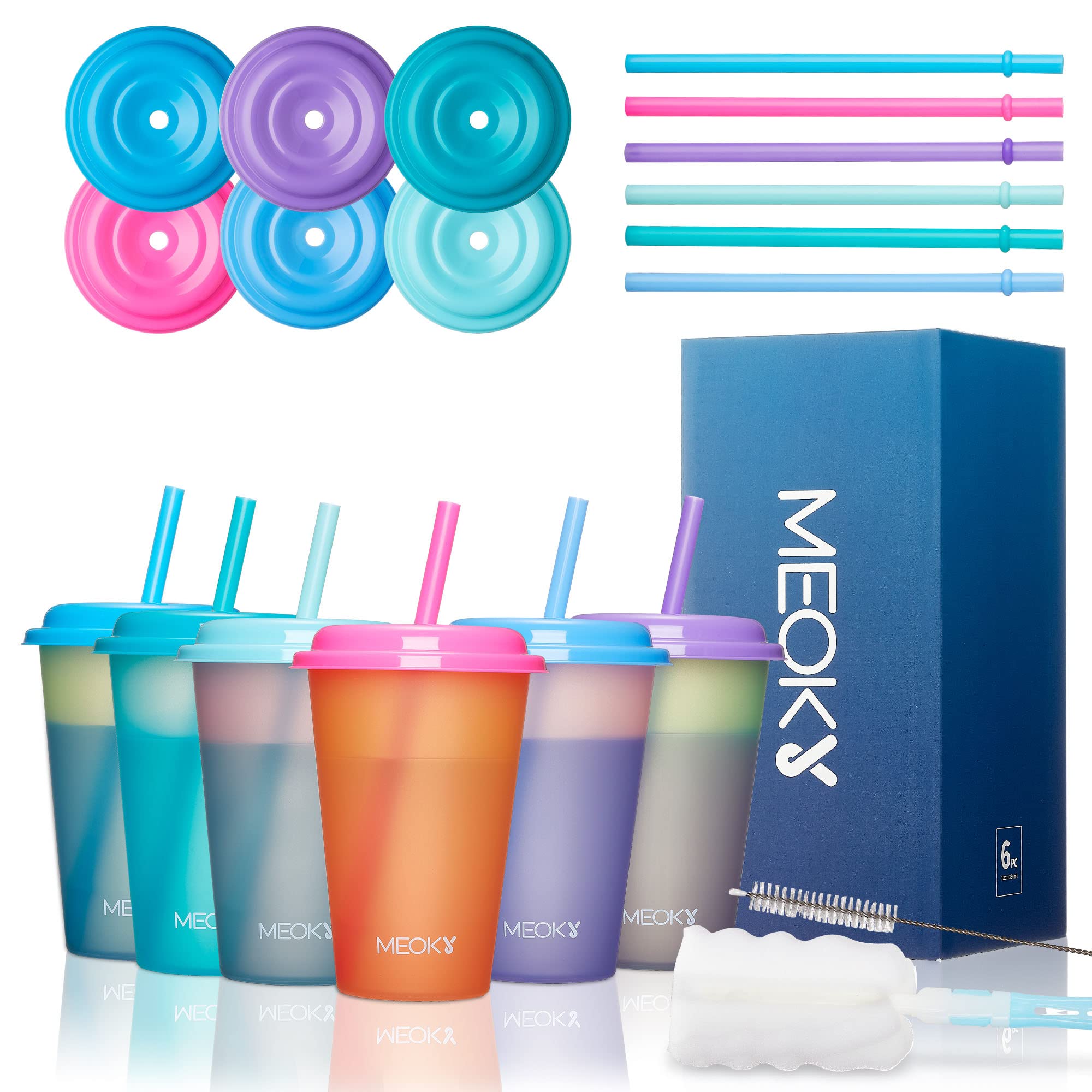 Meoky Color Changing Cups with Lids and Straws for Kids 6Pack 12oz Plastic Reusable Cold Drink Tumblers Summer Party Cups