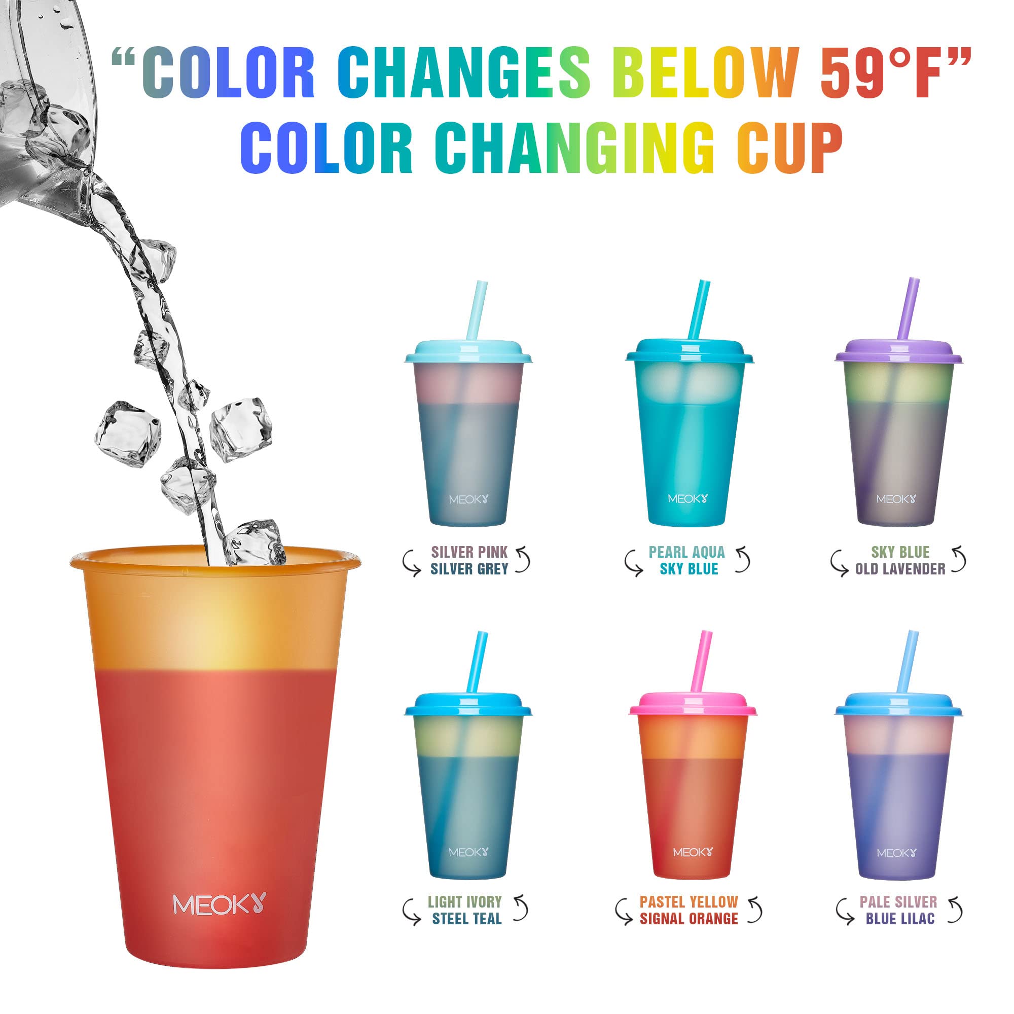 Meoky Color Changing Cups with Lids and Straws for Kids 6Pack 12oz Plastic Reusable Cold Drink Tumblers Summer Party Cups