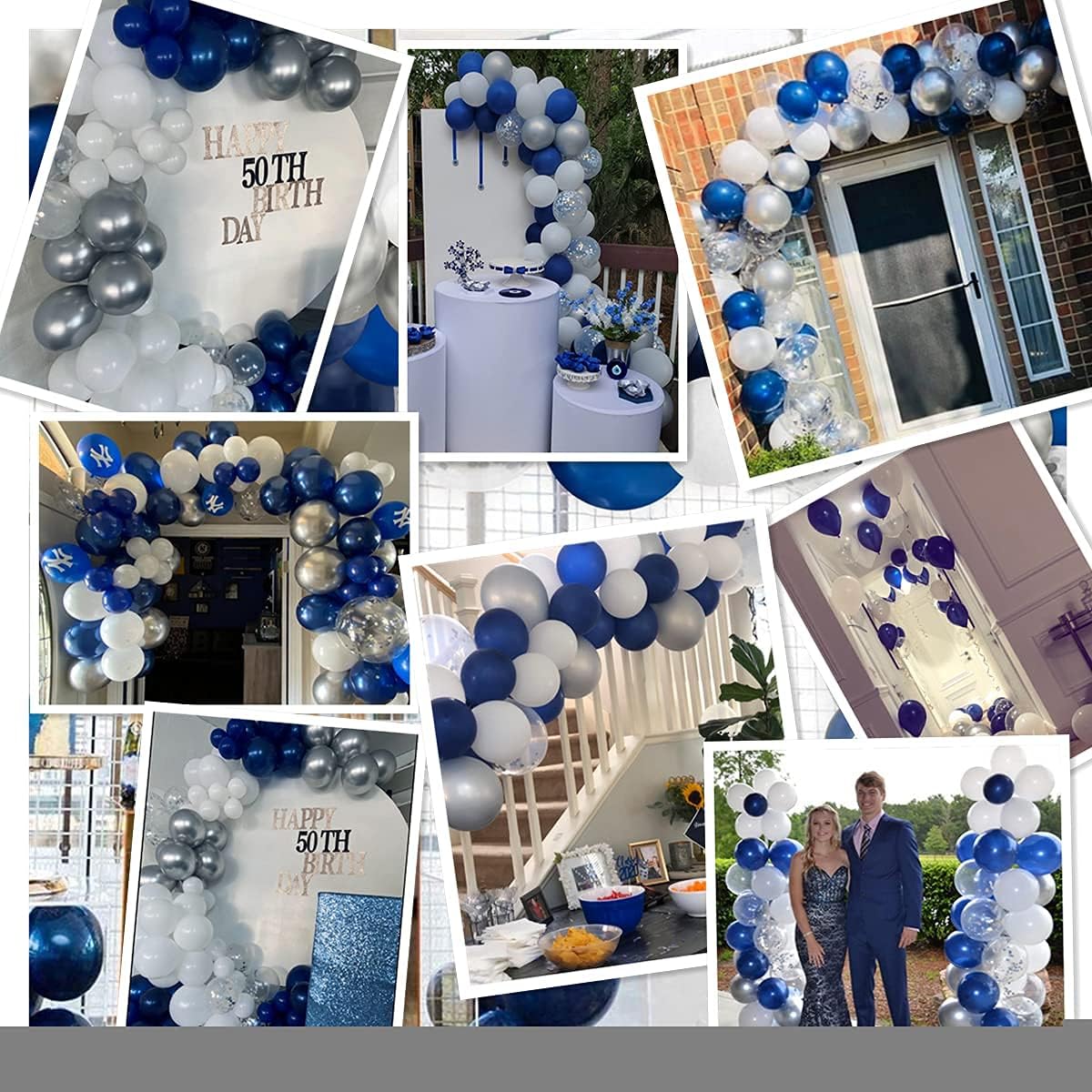 124pcs Blue Silver White Balloons Garland Arch Kit 5/10/12/18 Inch Royal Navy Blue White Metallic Silver Confetti Set for Birthday Wedding Graduation Party Father's Day Decor