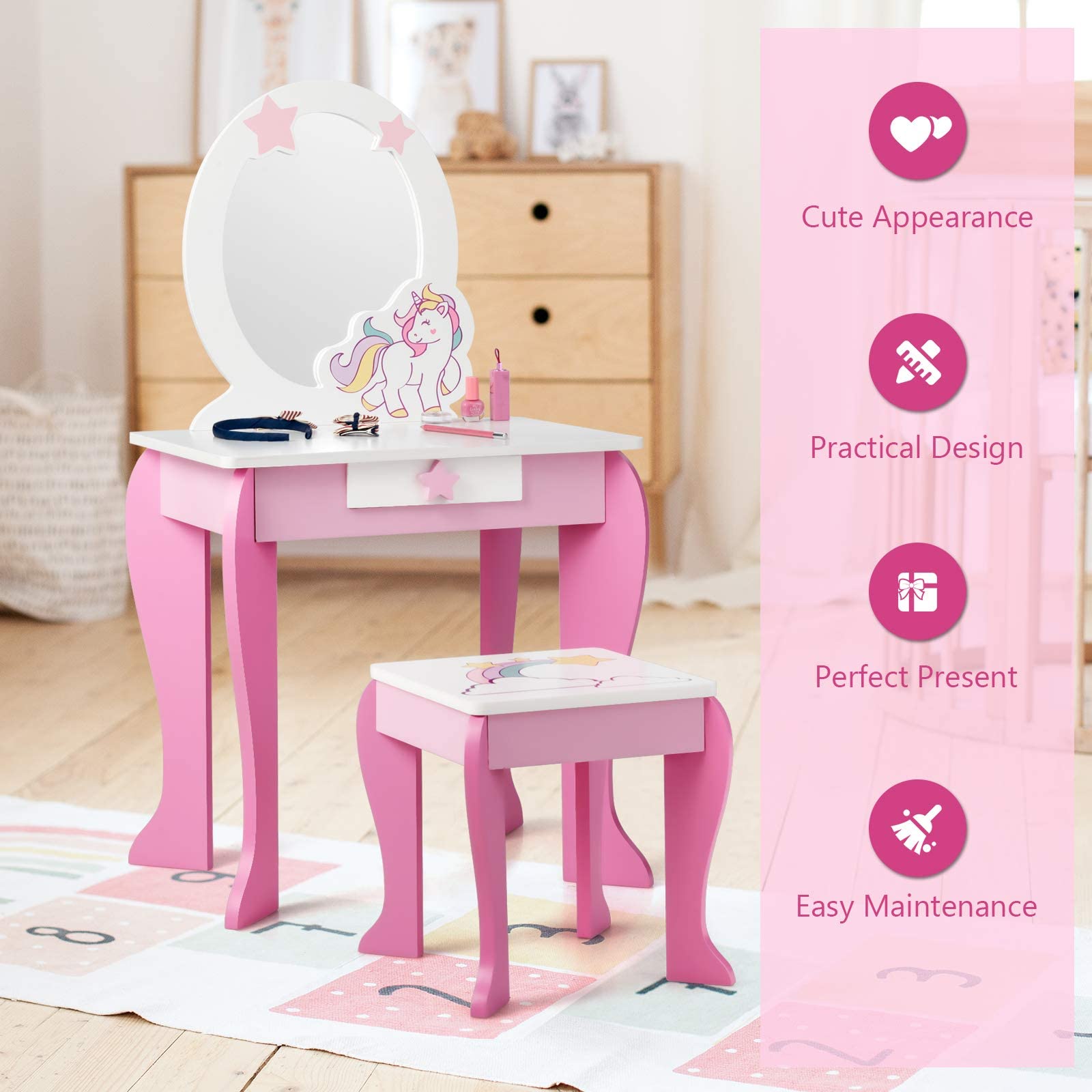 KOTEK Kids Vanity with Mirror and Stool, 2 in 1 Wooden Princess Makeup Dressing Table Set w/Detachable Top & Storage Drawer, Pretend Play Vanity Table Set for Girls (Pink Star)