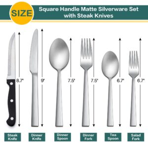 LIANYU 48-Piece Matte Silverware Set with Steak Knives, Stainless Steel Flatware Cutlery Set for 8, Square Eating Utensils Tableware Include Forks Knives Spoons, Dishwasher Safe