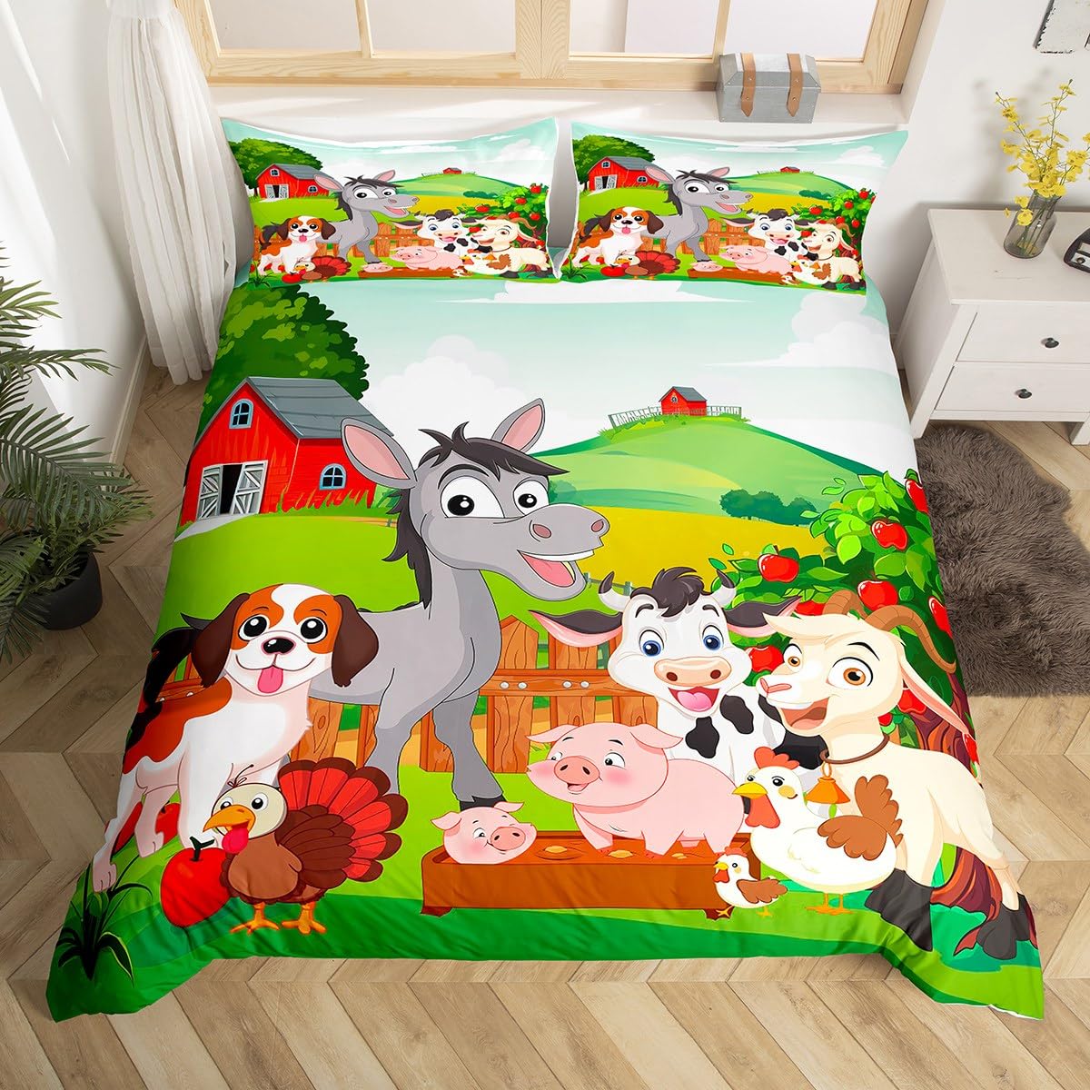 Cute Farm Animals Bedding Set Kids Cartoon Pig Dog Cow Horse Duvet Cover for Boys Girls Teens Nature Country Style Comforter Cover Farmhouse Rustic Bedspread Cover Bedroom Decor Quilt Cover Twin Size