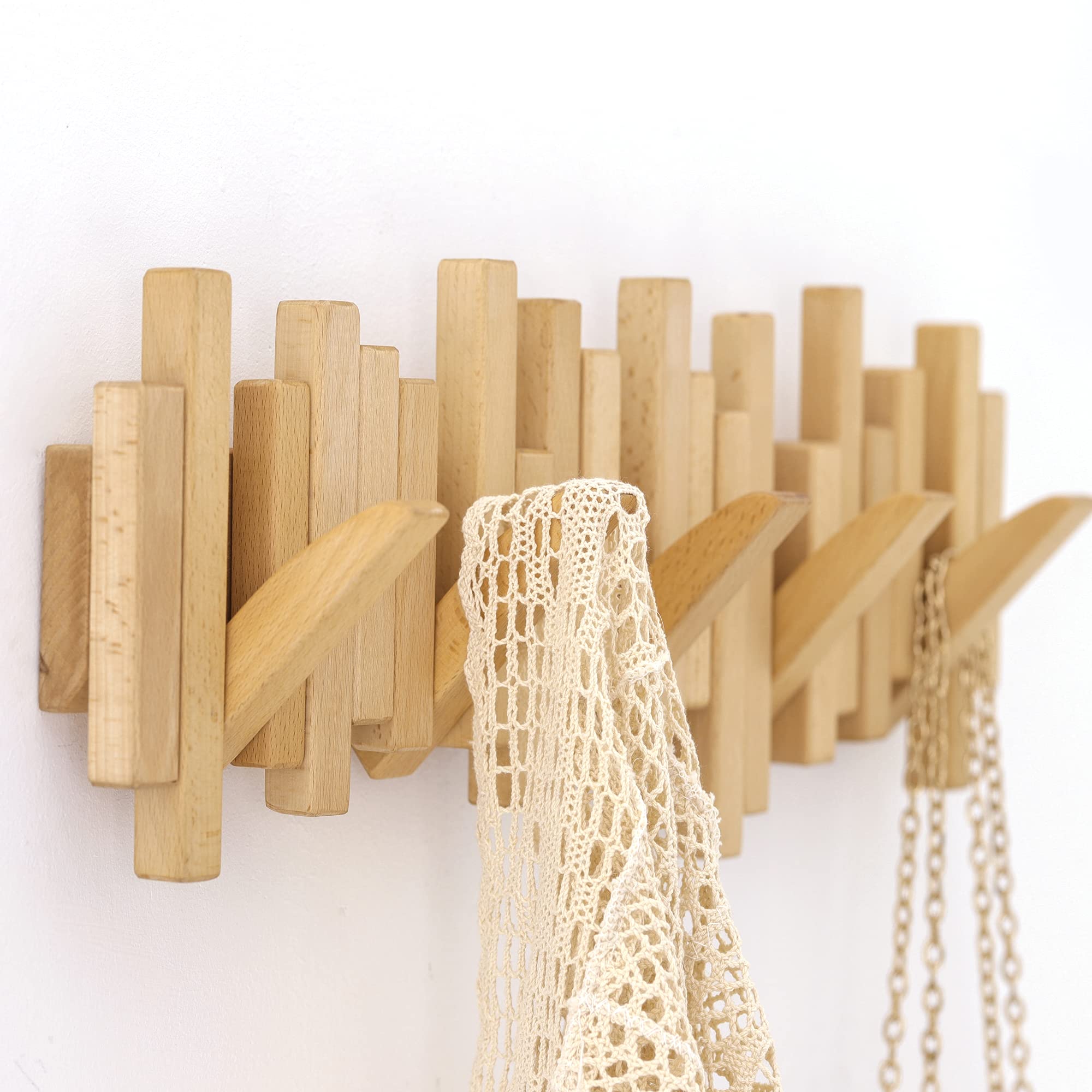 DESAINOPH® Wooden Coat Rack Wall Mounted Sticks Multi Rack Solid Handmade Natural Wood Artwork with 5 Flip-Down Unique Modern Hooks for Coats Bag Hat Umbrella