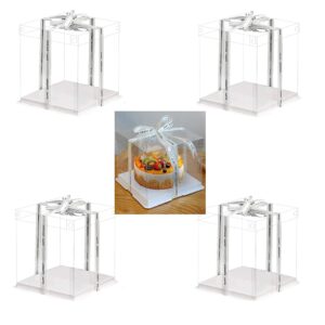 Clear Cake Box,4 Pcs Transparent Cake Box with Ribbon for Pastries10" X 10" X 9"-Clear Tall Cake Box- Clear Gift Boxes with Lid for Wedding Party and Gift Display (White-4 Set)