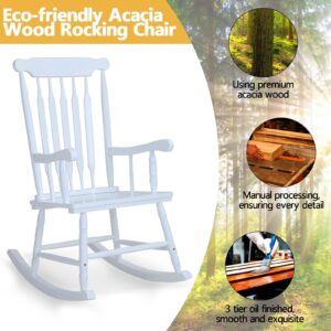 PHI VILLA Outdoor Wood Rocking Chair, Oversized Acacia Wood Slat Back Rocker Chairs for Patio, Deck, Balcony, Porch and Indoor, 30° Safe Recline Support 350 lbs - White