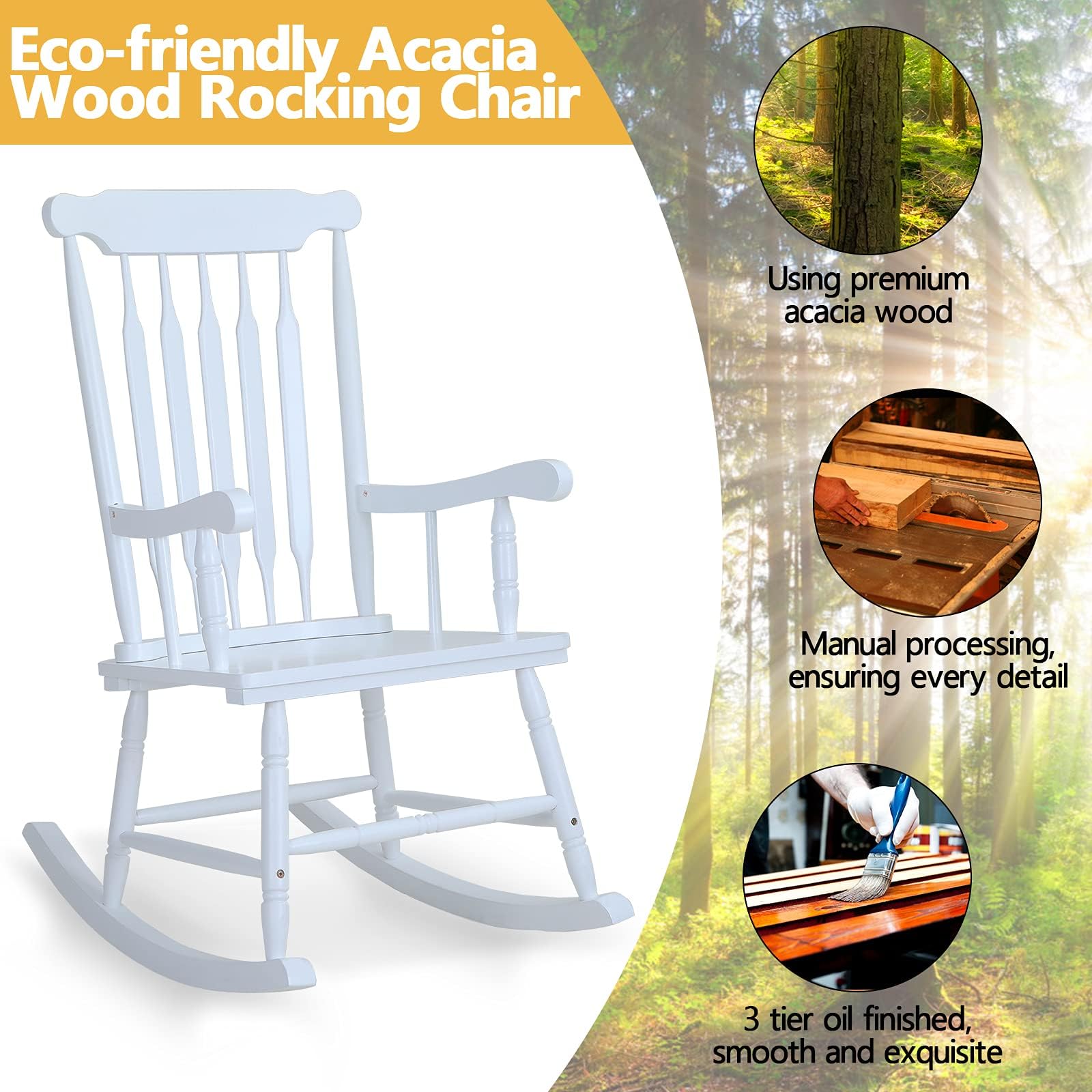 PHI VILLA Outdoor Wood Rocking Chair, Oversized Acacia Wood Slat Back Rocker Chairs for Patio, Deck, Balcony, Porch and Indoor, 30° Safe Recline Support 350 lbs - White