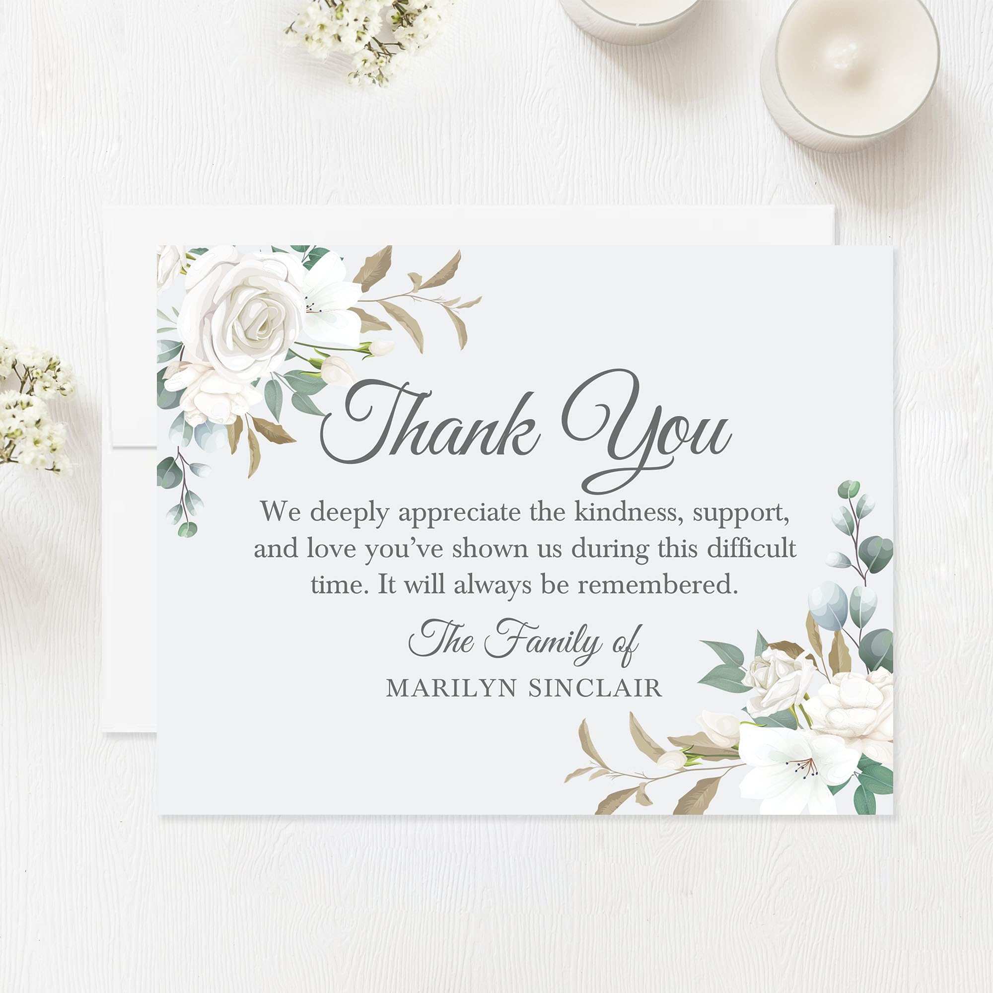 Hello Love Goods White Floral Sympathy Thank You Cards, Funeral Thank You Cards, Personalized Bereavement Notes with Envelopes, 5.5x4.25 Flat Notecards