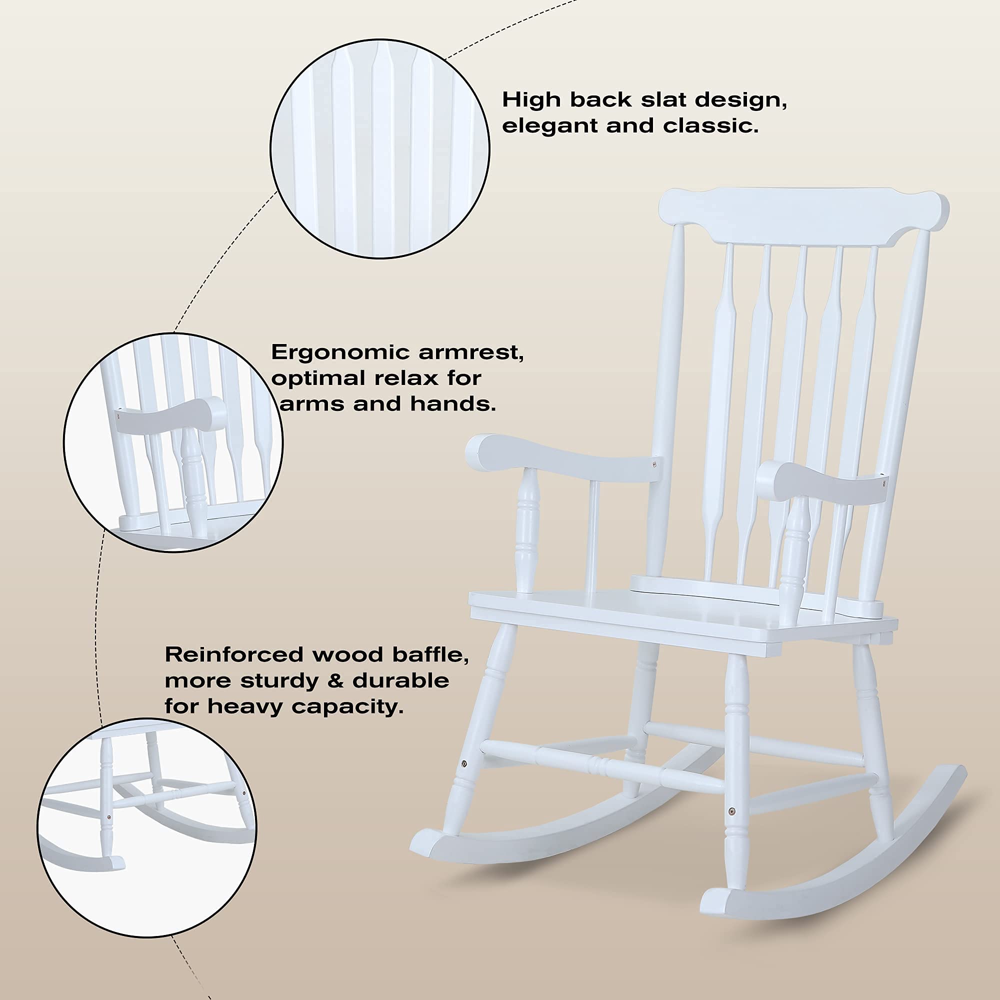 PHI VILLA Outdoor Wood Rocking Chair, Oversized Acacia Wood Slat Back Rocker Chairs for Patio, Deck, Balcony, Porch and Indoor, 30° Safe Recline Support 350 lbs - White