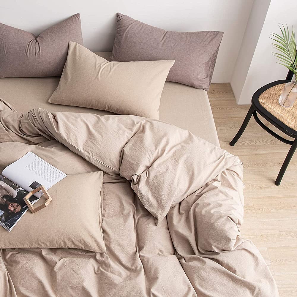 Beige Color Washed Comforter Sets Duvet Cover Set, Cotton Washed Duvet Cover Queen Beige Bedding, Full Quilt Cover, King Size Duvet Cover, (Twin XL)