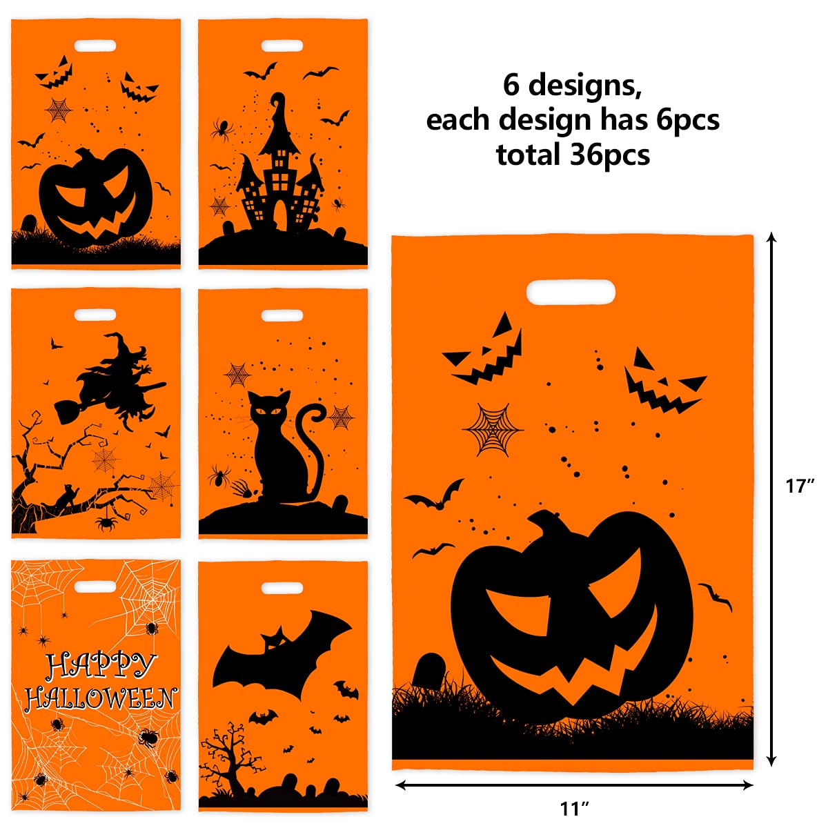 Halloween Goody Bags Large Treat Bags for Trick or Treat Halloween Plastic Candy Bags Party Favor Supplies 36 Packs 11 x 17 Inches