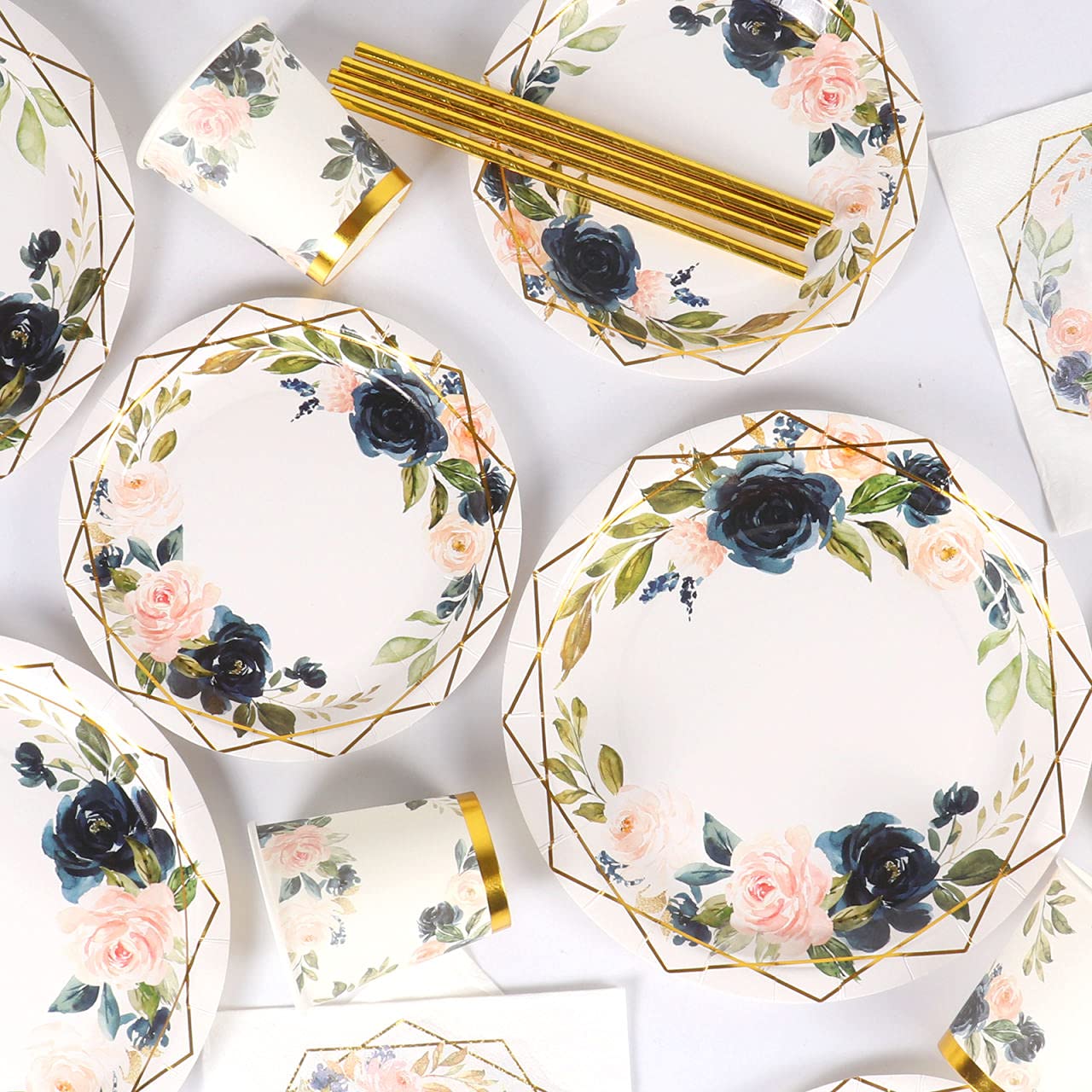 Bridal Shower Paper Plates Navy Blush Floral, 24 Guests, Gender Reveal, Gold Foil Dinner, Dessert, Cups, Gold Straws, Napkins, Baby Shower Decorations Birthday Wedding Anniversary Twins Party Supplies