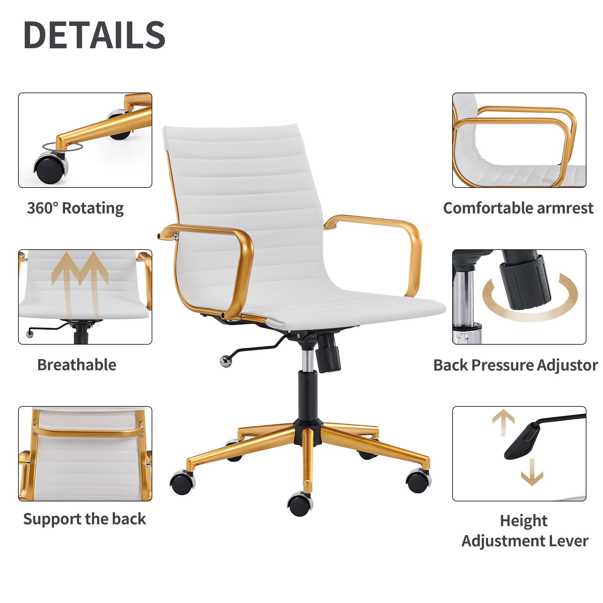 COROCC Office Desk Chair Modern Conference Room Task Chairs Leather Computer Swivel Excutive Ribbed Ergonomic Rolling Chair for Bed Room White and Gold Chair