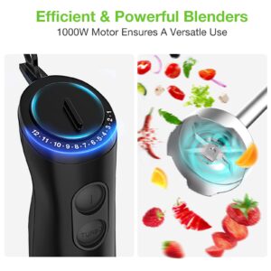 Immersion Blender Handheld, Hand Blender with 1000W 5-in-1 Stainless Steel Blades, 12-Speed Immersion Hand Stick Blender for Kitchen for Smoothies & Baby Food with 500ml Chopper, Milk Frother, Egg Whisk, 600ml Beaker