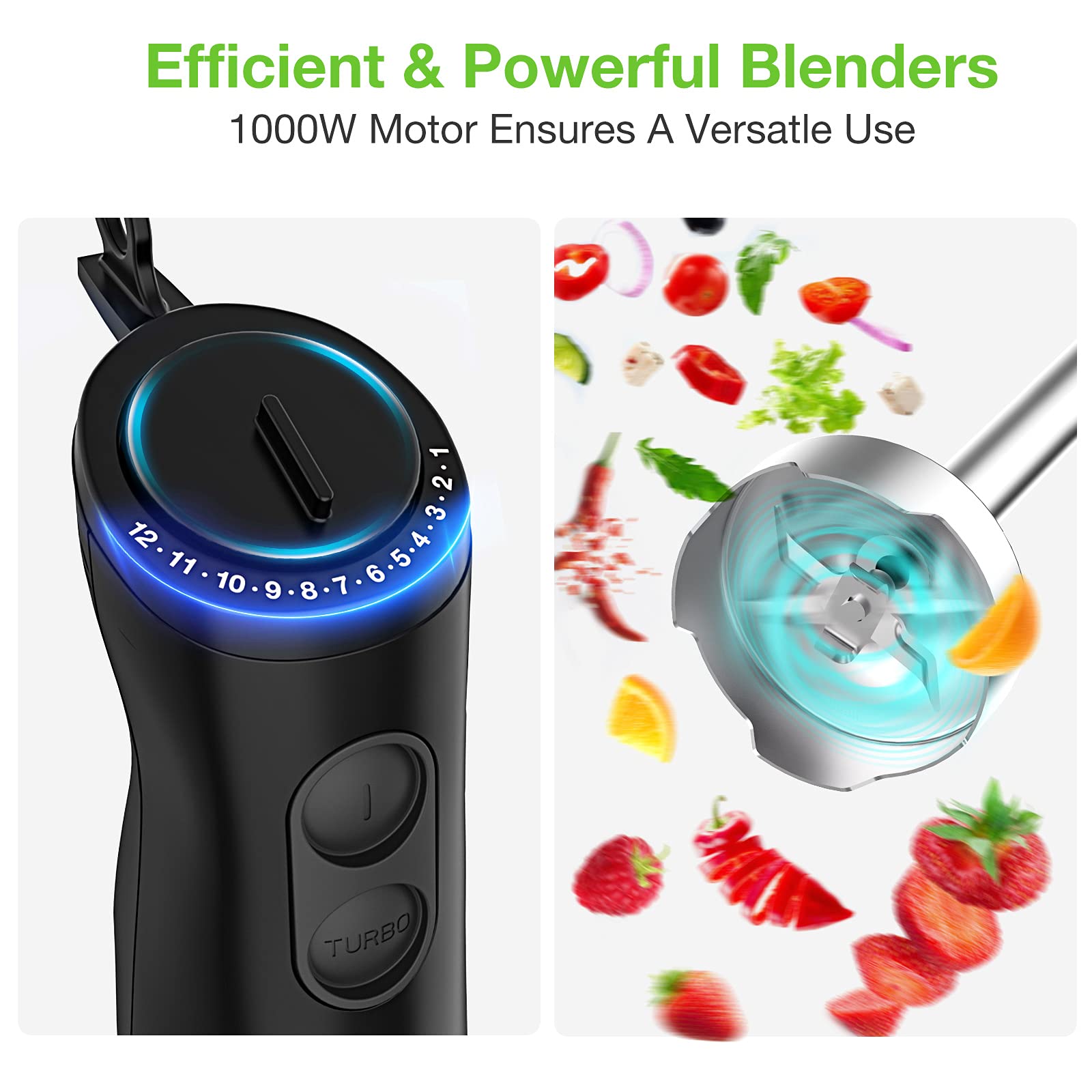 Immersion Blender Handheld, Hand Blender with 1000W 5-in-1 Stainless Steel Blades, 12-Speed Immersion Hand Stick Blender for Kitchen for Smoothies & Baby Food with 500ml Chopper, Milk Frother, Egg Whisk, 600ml Beaker