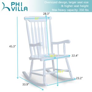 PHI VILLA Outdoor Wood Rocking Chair, Oversized Acacia Wood Slat Back Rocker Chairs for Patio, Deck, Balcony, Porch and Indoor, 30° Safe Recline Support 350 lbs - White