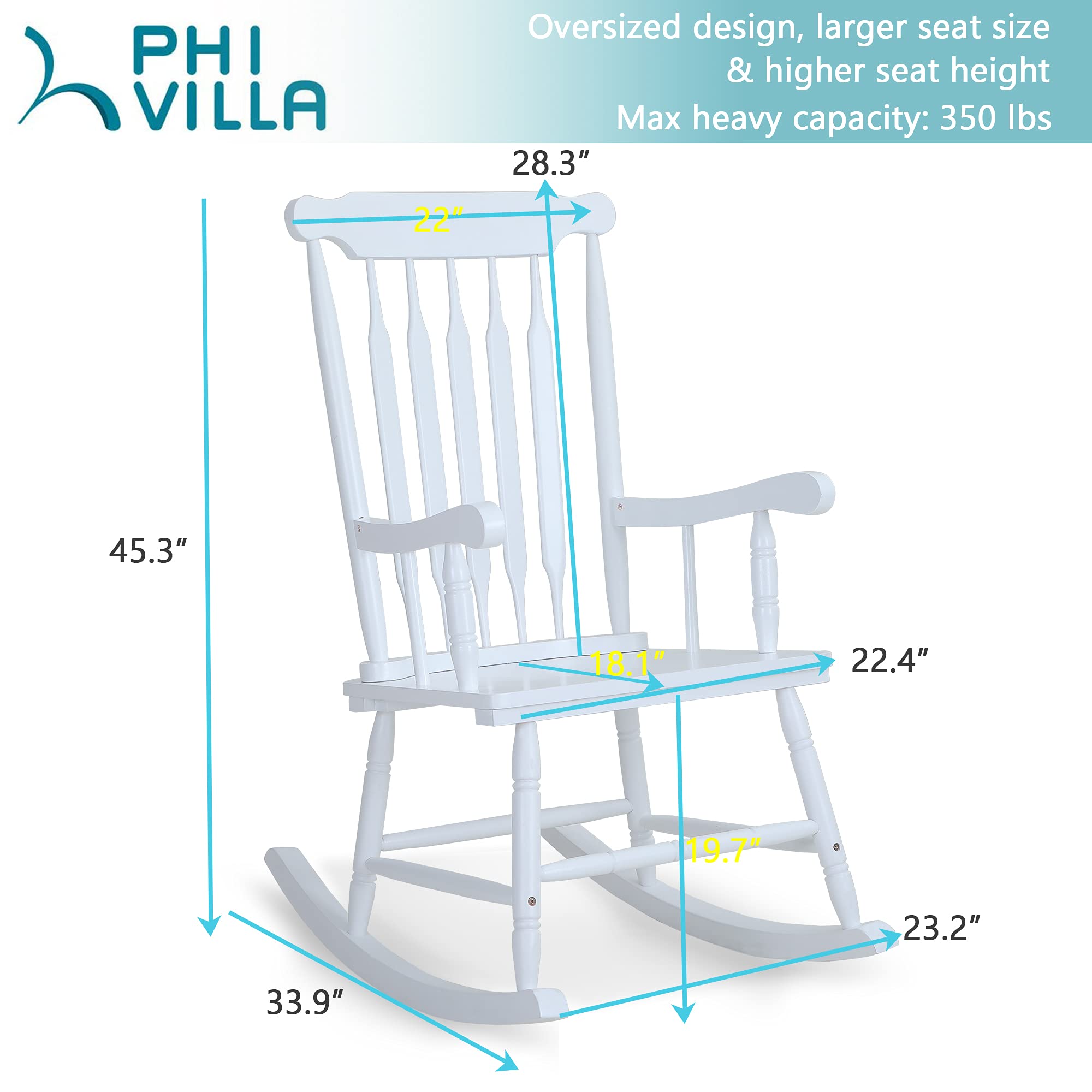 PHI VILLA Outdoor Wood Rocking Chair, Oversized Acacia Wood Slat Back Rocker Chairs for Patio, Deck, Balcony, Porch and Indoor, 30° Safe Recline Support 350 lbs - White