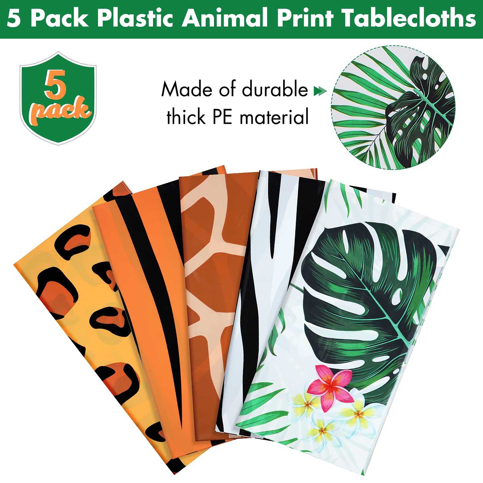 Animal Safari Tablecloth Jungle Animal Theme Tablecover Tiger Zebra Giraffe Print Table Cover Tropical Leaf Tablecloth Party Supplies for Jungle Safari Birthday Baby Showers (Greenery Style, 5 Pcs)