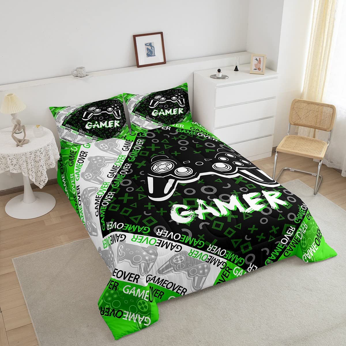 Feelyou Kids Gamer Comforter Set for Boys Teens, Green Gaming Bedding Sets Twin Size Video Game Controller Reversible Quilt Set All Season Home Decor with 1 Pillowcase