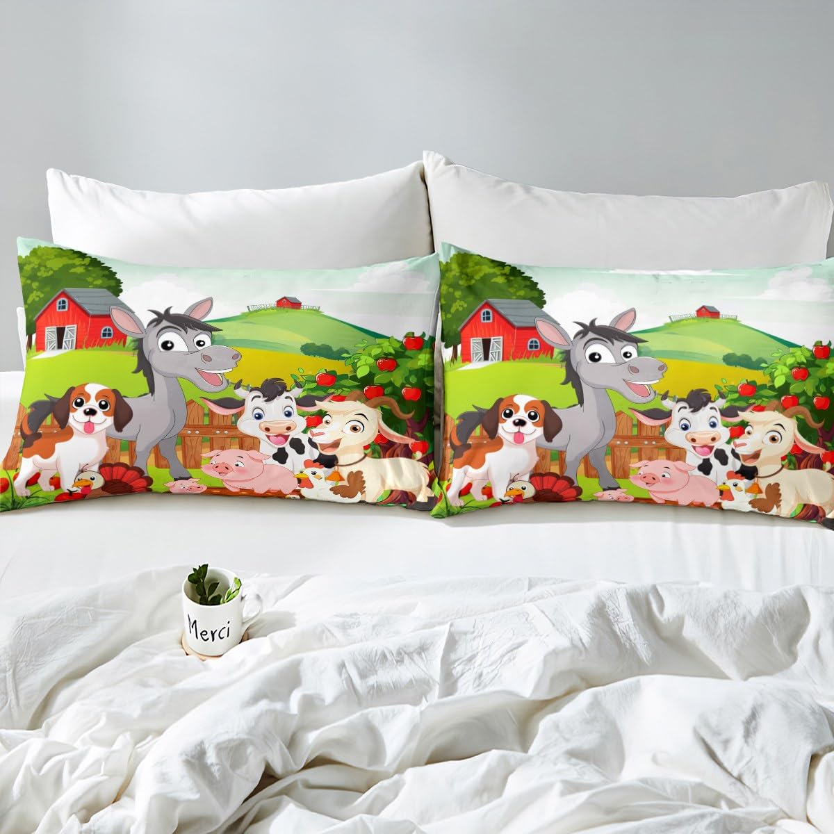 Cute Farm Animals Bedding Set Kids Cartoon Pig Dog Cow Horse Duvet Cover for Boys Girls Teens Nature Country Style Comforter Cover Farmhouse Rustic Bedspread Cover Bedroom Decor Quilt Cover Twin Size