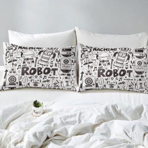 Erosebridal Robot Down Comforter Queen Size, Cartoon Pattern Bedding Set, White Black Sketch Comforter Set for Kids Boys Girls Teens, Funny Robot Duvet Insert Bedroom Decor