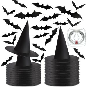 sumind 20 pieces halloween decorations witch hats black hanging floating witch hat bulk for women 60 pieces 3d bat stickers wall decal with 98 feet hanging rope for halloween party favor decoration