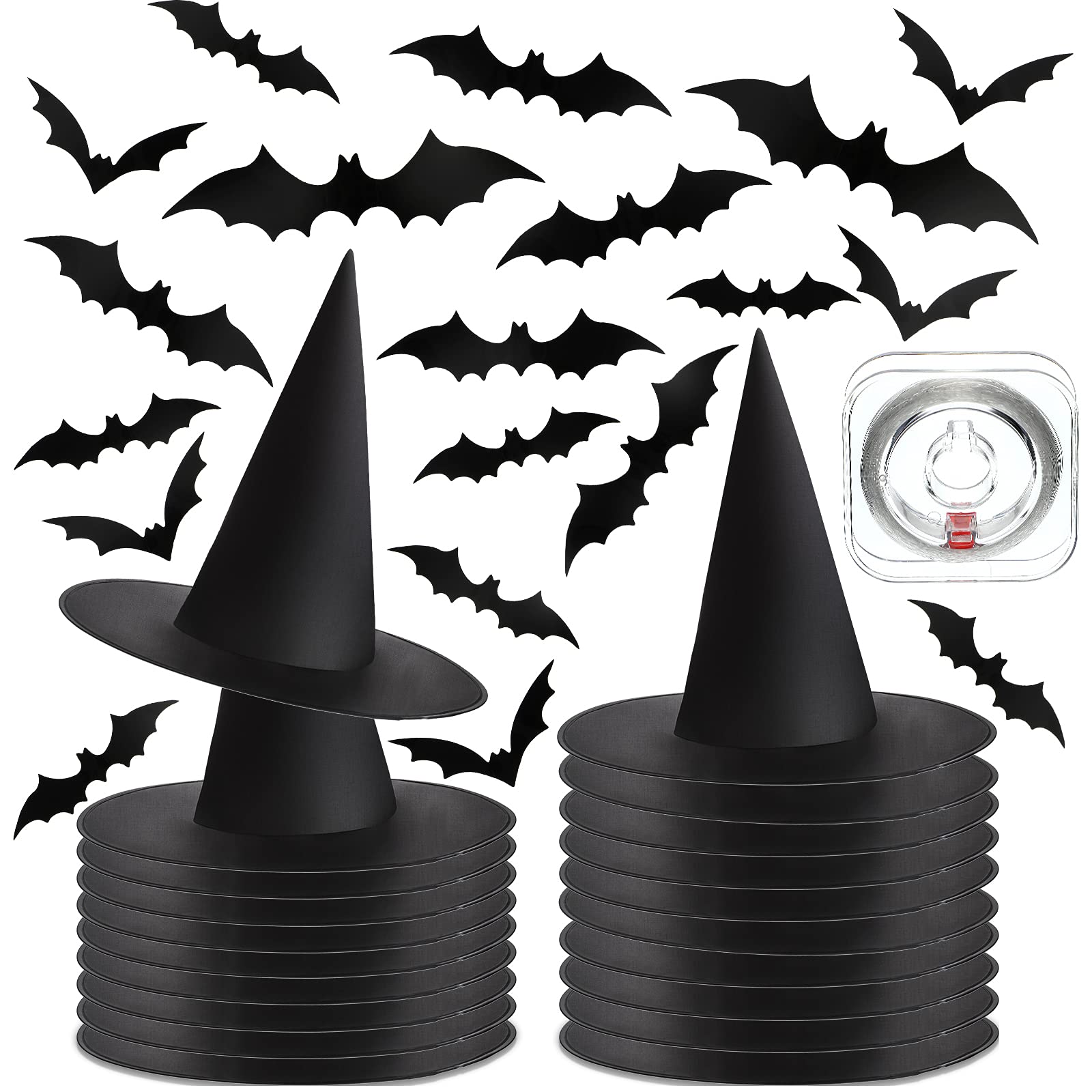 Sumind 20 Pieces Halloween Decorations Witch Hats Black Hanging Floating Witch Hat Bulk for Women 60 Pieces 3D Bat Stickers Wall Decal with 98 Feet Hanging Rope for Halloween Party Favor Decoration