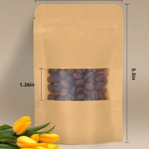 Larzack 50pcs Kraft Bags with Window 3.5x5.5 Inches Brown Reusable Sealable Zip Lock Food Storage Stand up Paper Pouches for Home or Business