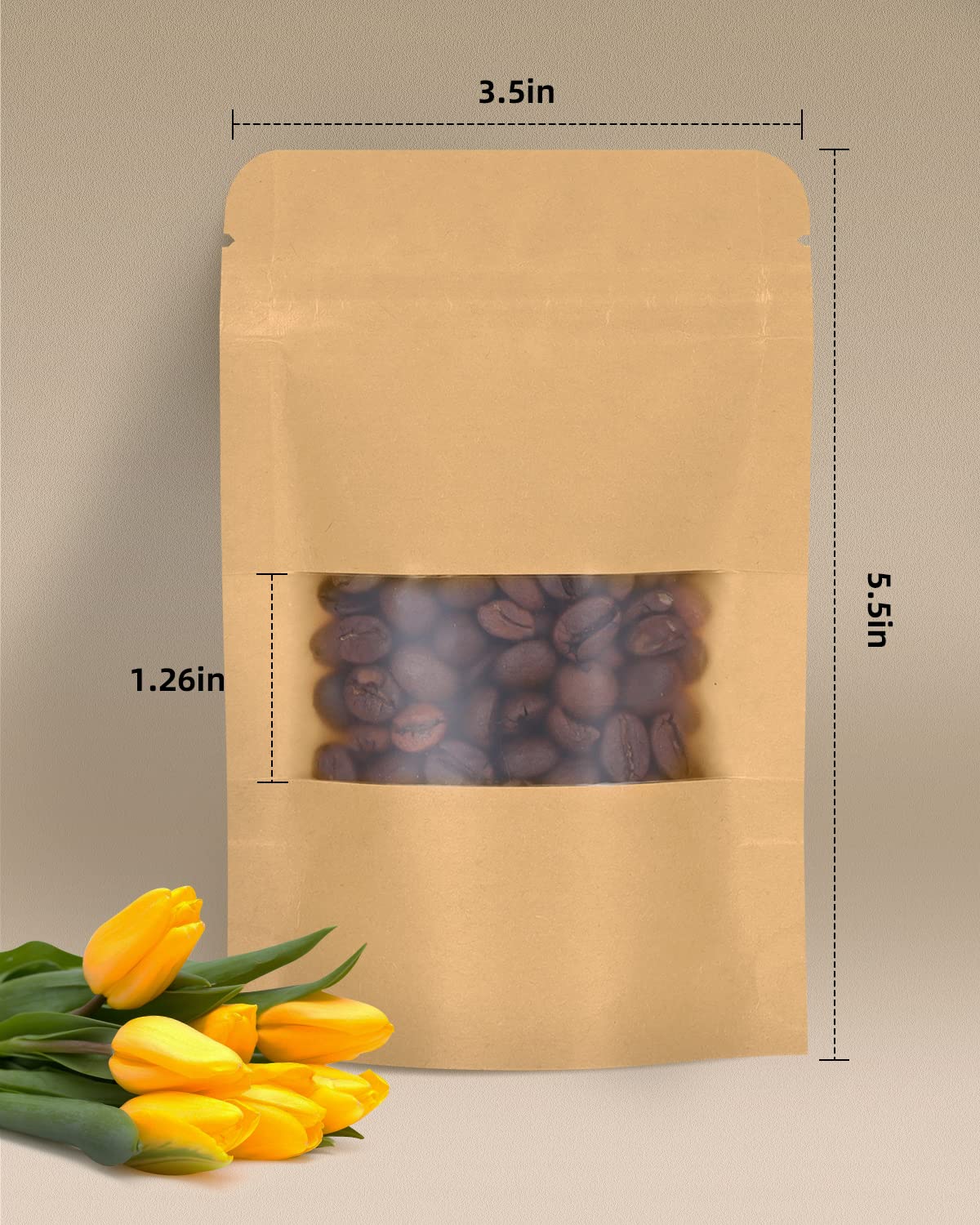 Larzack 50pcs Kraft Bags with Window 3.5x5.5 Inches Brown Reusable Sealable Zip Lock Food Storage Stand up Paper Pouches for Home or Business