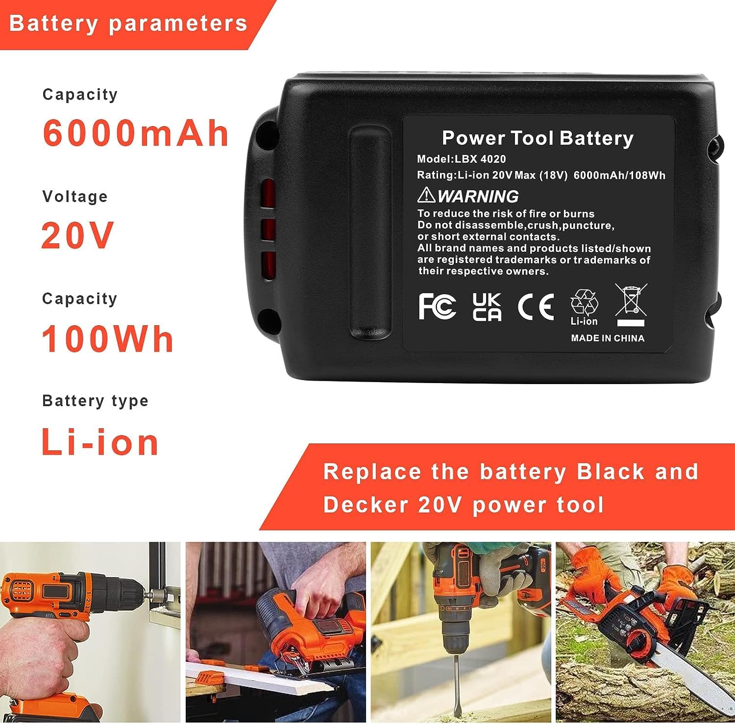 ARyee 6.0Ah 20V LBXR20 LBX4020 Lithium Battery Compatible with Black and Decker 20Volt Max LB20 LBX20 LBXR2020 LB2X4020-OPE LBXR20-OPE Cordless Power Drill Driver Tools