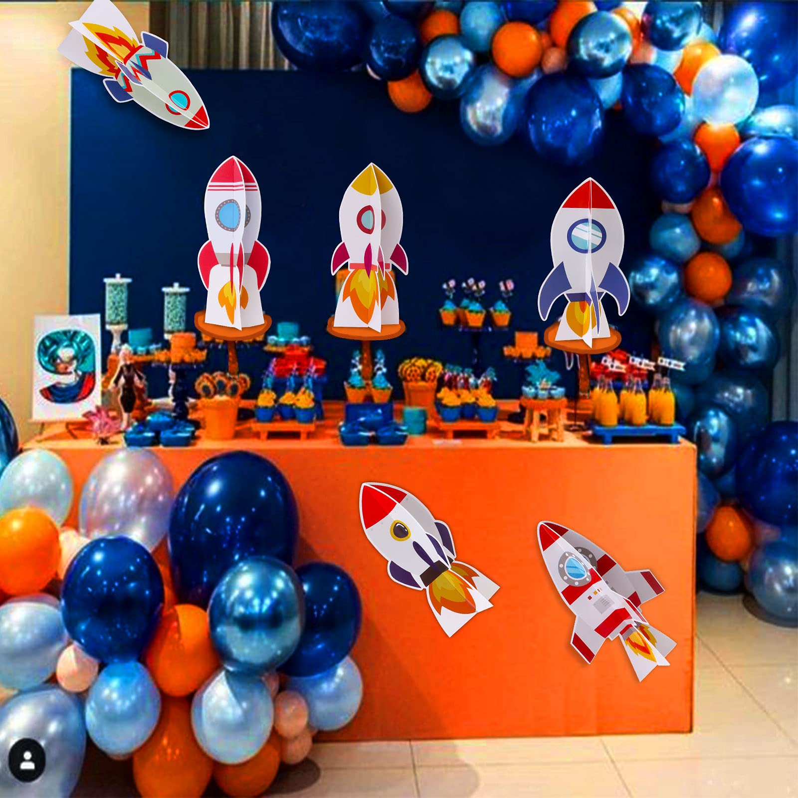 Yewong 6 Pieces Outer Space 3D Table Centerpiece Spaceship Rocket Shaped Paper Cutout Table Topper for Outer Space Theme Birthday Party Tableware Decoration Baby Shower Supplies