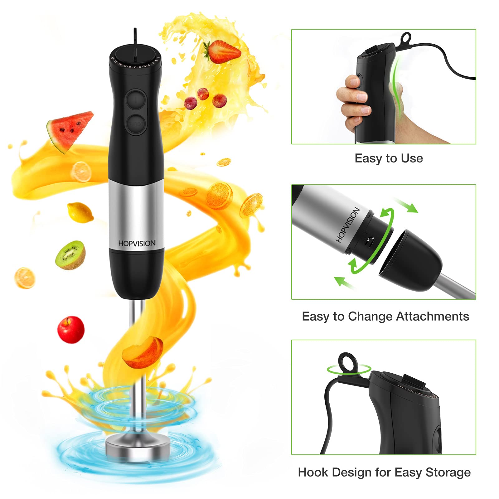 Immersion Blender Handheld, Hand Blender with 1000W 5-in-1 Stainless Steel Blades, 12-Speed Immersion Hand Stick Blender for Kitchen for Smoothies & Baby Food with 500ml Chopper, Milk Frother, Egg Whisk, 600ml Beaker