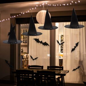 Sumind 20 Pieces Halloween Decorations Witch Hats Black Hanging Floating Witch Hat Bulk for Women 60 Pieces 3D Bat Stickers Wall Decal with 98 Feet Hanging Rope for Halloween Party Favor Decoration