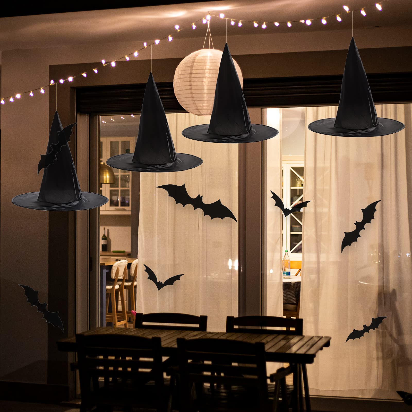 Sumind 20 Pieces Halloween Decorations Witch Hats Black Hanging Floating Witch Hat Bulk for Women 60 Pieces 3D Bat Stickers Wall Decal with 98 Feet Hanging Rope for Halloween Party Favor Decoration