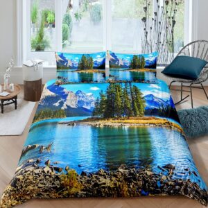 erosebridal landscape comforter cover, kids snow mountain duvet cover, green trees bedding set king size for kids boys girls teens, teal blue lake nature theme quilt cover living room decor