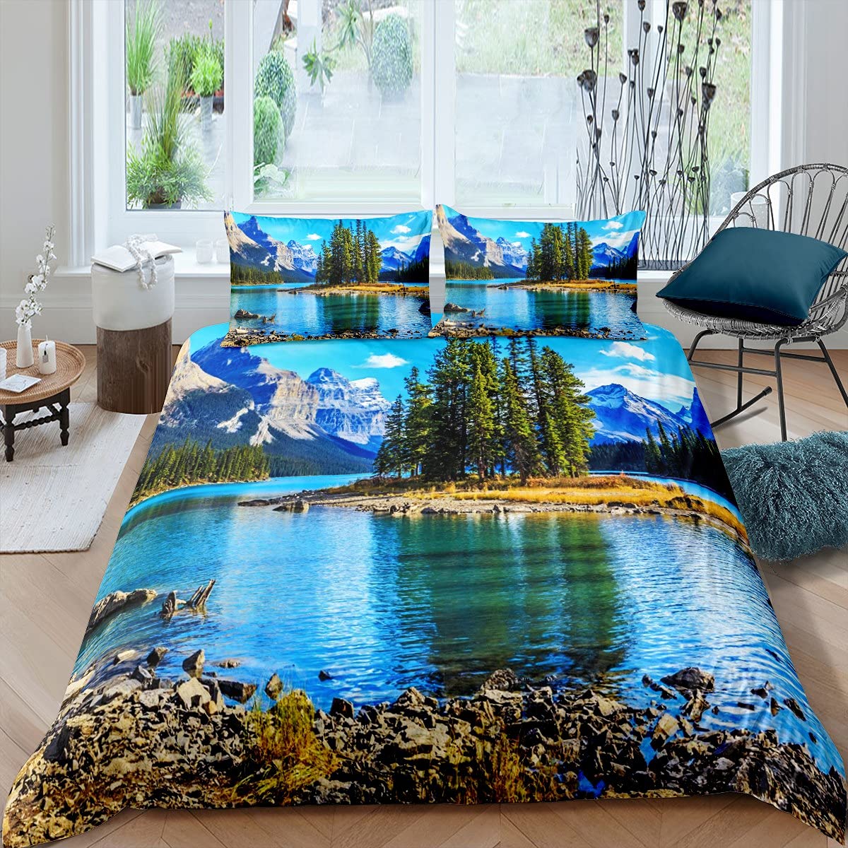 Erosebridal Landscape Comforter Cover, Kids Snow Mountain Duvet Cover, Green Trees Bedding Set King Size for Kids Boys Girls Teens, Teal Blue Lake Nature Theme Quilt Cover Living Room Decor