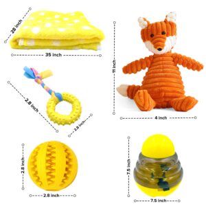 SoSoCute Yellow Dog Gift Box - Puppy Chew Toy Set of 5 - Puppy Care Package with Dog Blanket, Squeaky Plush, Rubber Puppy Teether, Teething Ball, and Treat Ball for Small and Medium Dogs