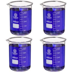 glass beakers set - science, chemistry classroom supplies - borosilicate glass - education, research equipment for industrial and academic labs (400ml, 4-pack)