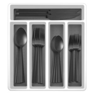 homikit 20 pieces matte black silverware set with tray, stainless steel flatware cutlery for 4, fancy metal eating utensils include knife forks spoons, nice tableware for home party, dishwasher safe