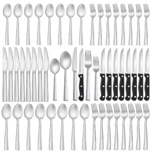 lianyu 48-piece matte silverware set with steak knives, stainless steel flatware cutlery set for 8, square eating utensils tableware include forks knives spoons, dishwasher safe